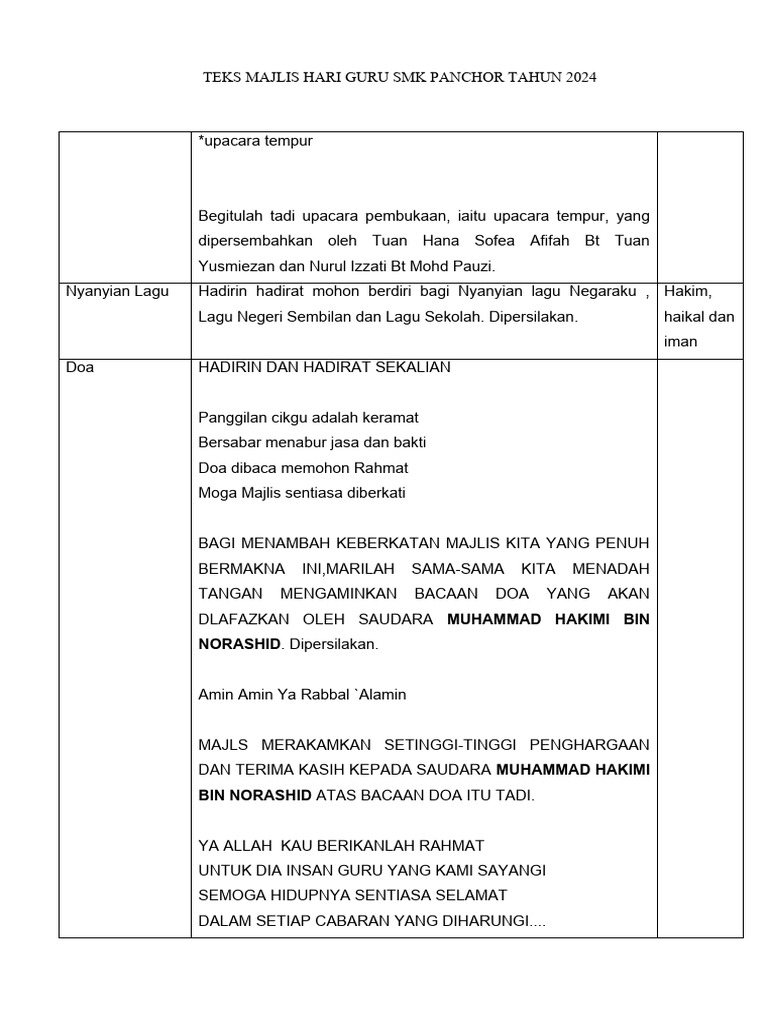 Teks Juruacara Majlis Hari Guru 2024 | PDF