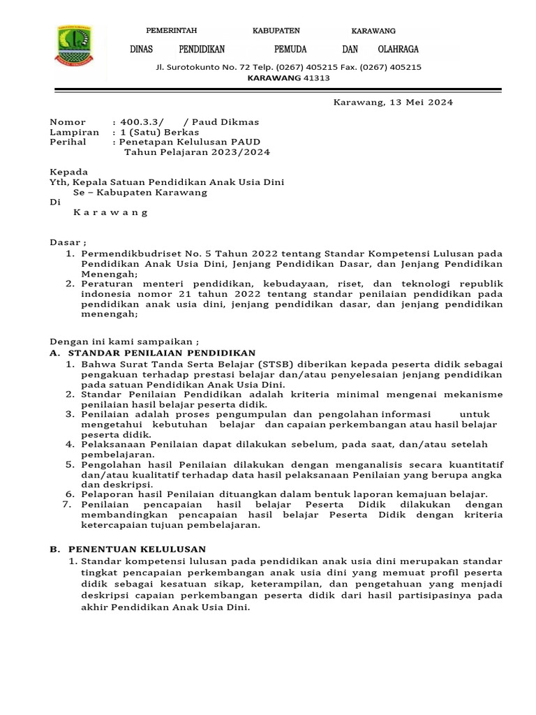 SE PENETAPAN KELULUSAN PAUD 2024 Rev FORMAT | PDF