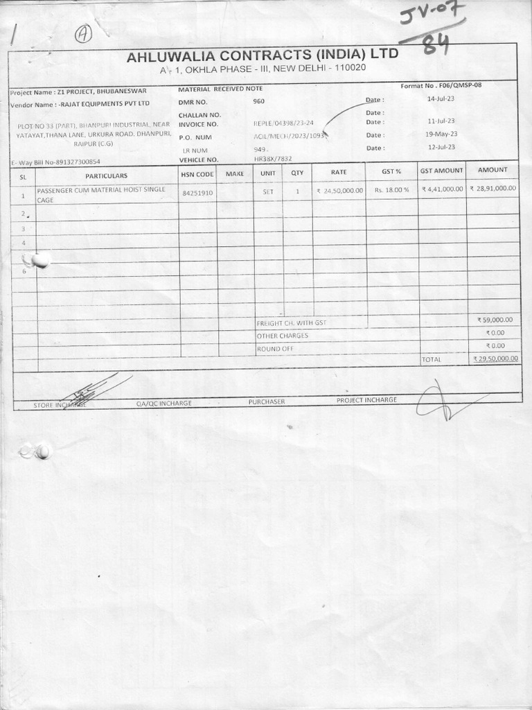 Rajat Equipments Invoice Pass - Lift 2 | PDF