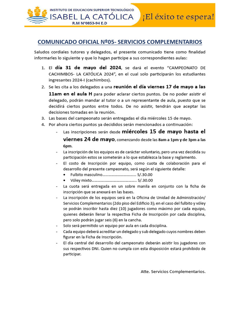 Comunicado Oficial Nº05 - Tutores y Delegados | PDF