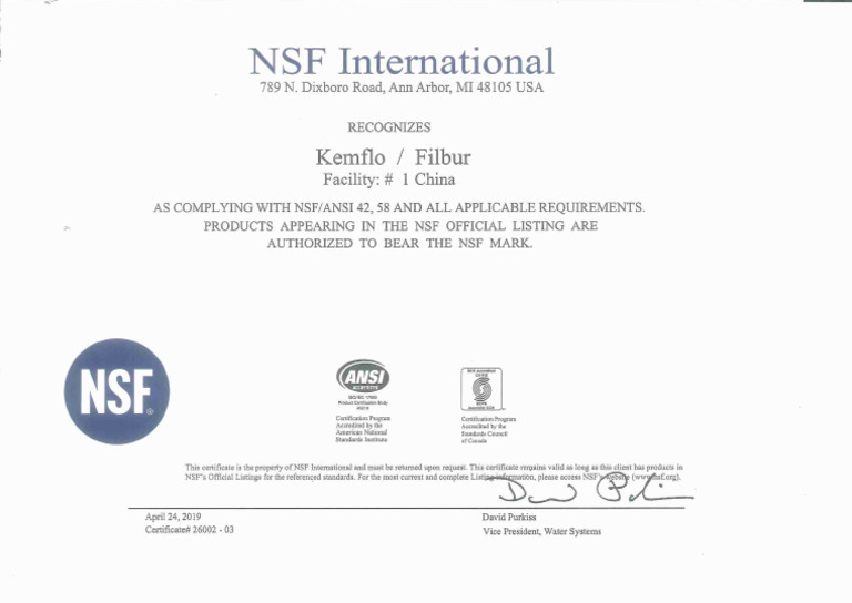 NSF Certificate of Kemflo and Filbur-2 | PDF