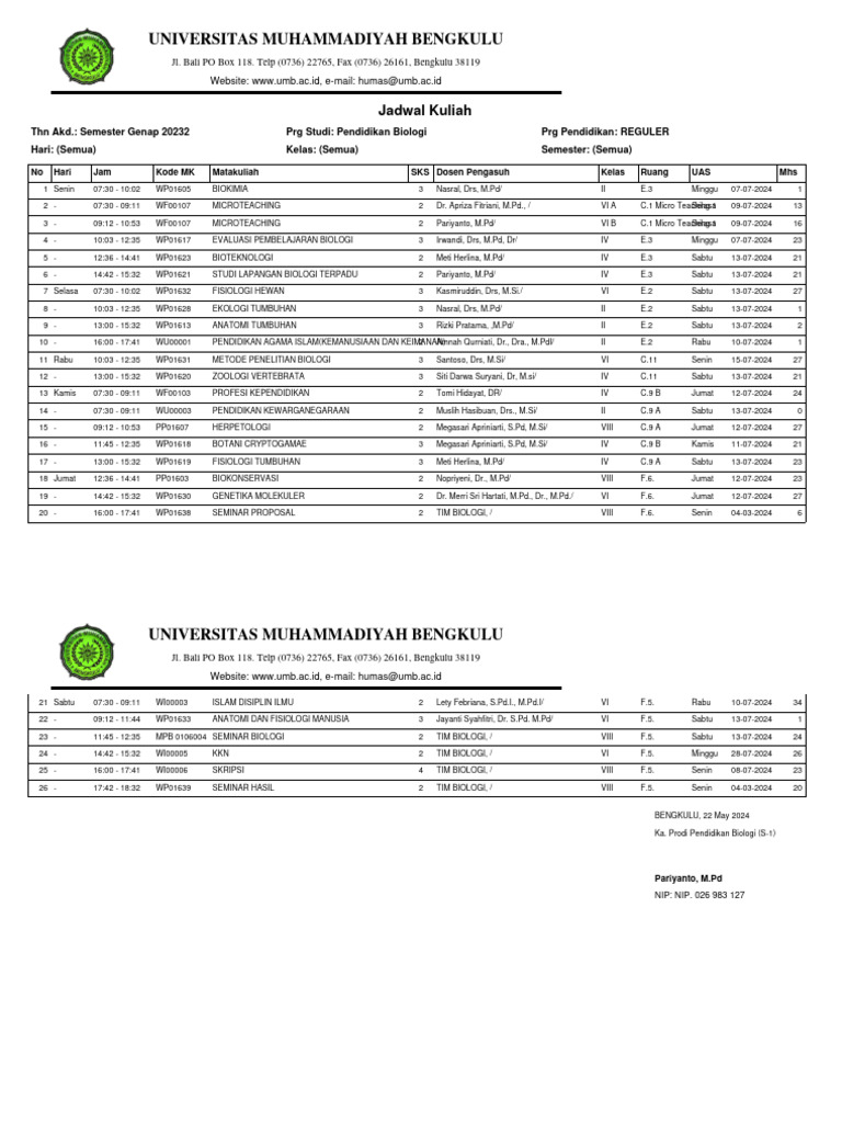 Jadwal Perkuliahan Biologi SMT. Genap 2023-2024 UM Bengkulu | PDF