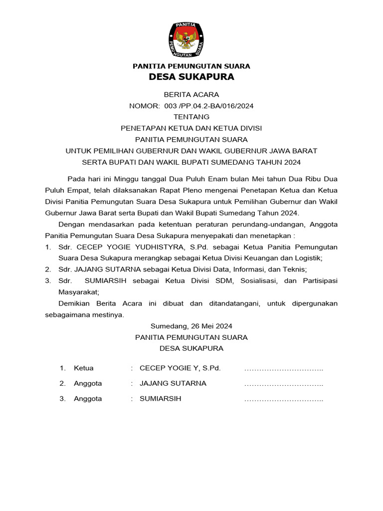 Penetapan Ketua PPS Desa Sukapura 2024 | PDF
