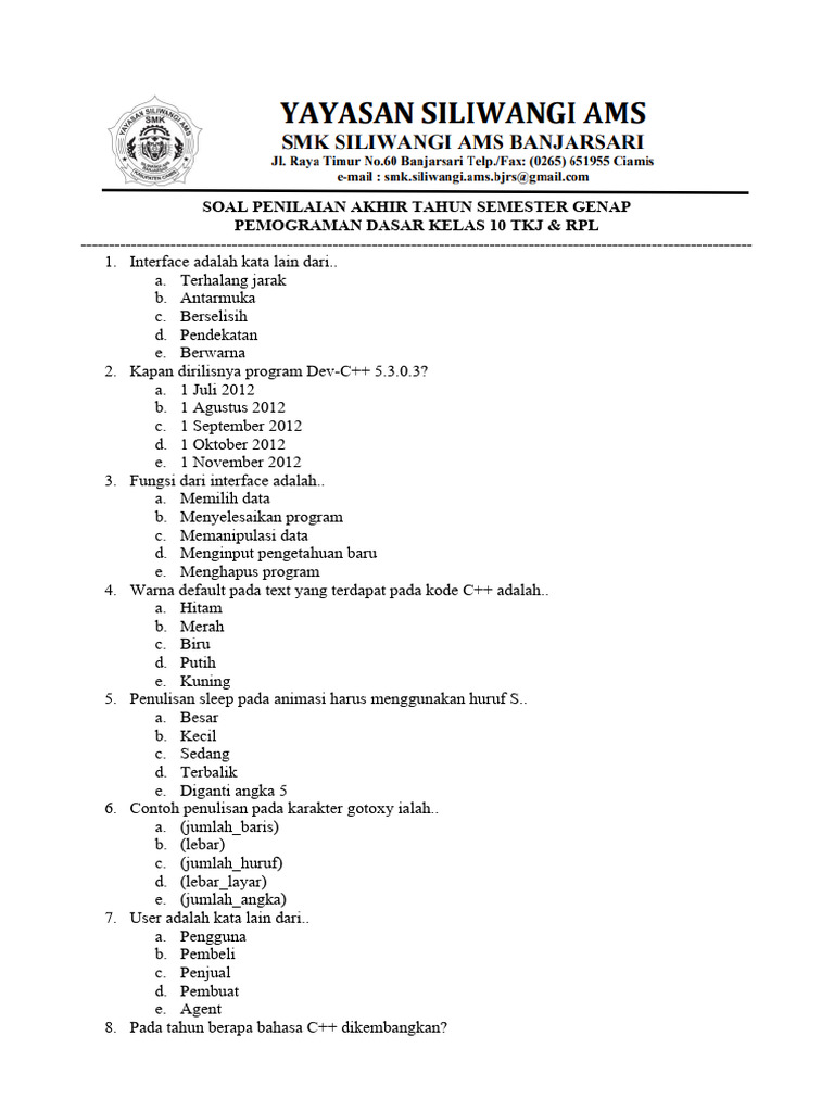 Soal PAT Pemrograman Dasar Kelas 10 | PDF | Komputer