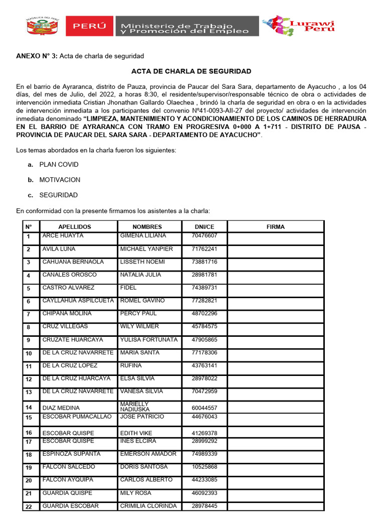 Acta de Charla de Seguridad en Ayraranca | PDF