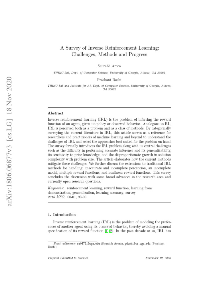 A Survey of Inverse Reinforcement Learning: Challenges, Methods and ... A Survey of Inverse Reinforcement Learning: Challenges, Methods and ...