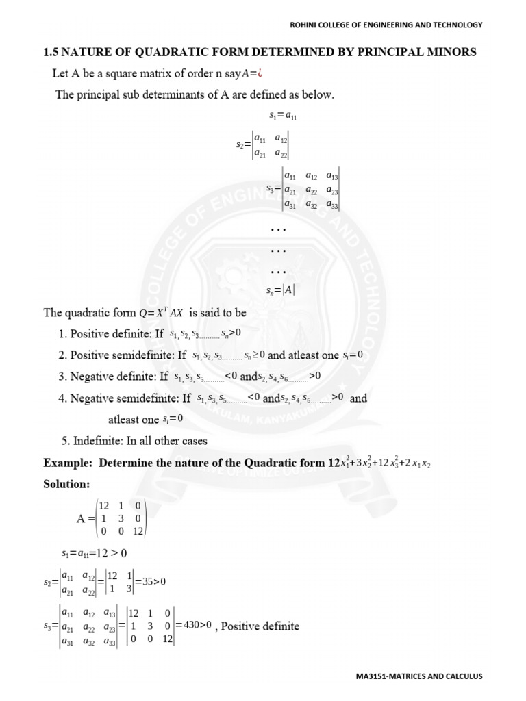 1 5 Nature Of Quadratic Form Pdf Matrix Theory Linear Algebra