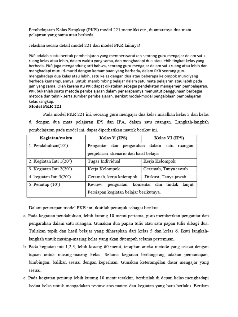 Model Pembelajaran Kelas Rangkap PKR 221-333 | PDF