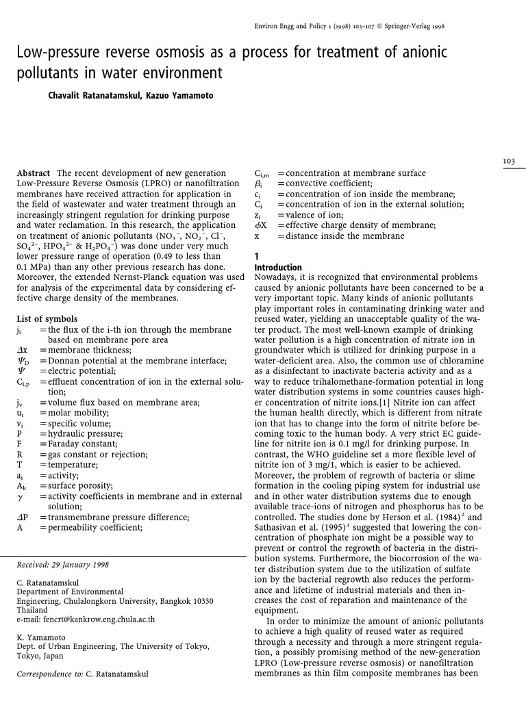Low-Pressure Reverse Osmosis As A Process For Treatment of Anionic ...
