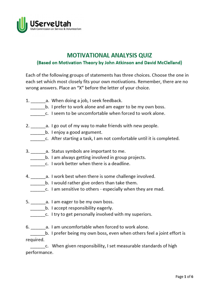 Motivational Analysis Quiz | PDF | Goal | Psychology