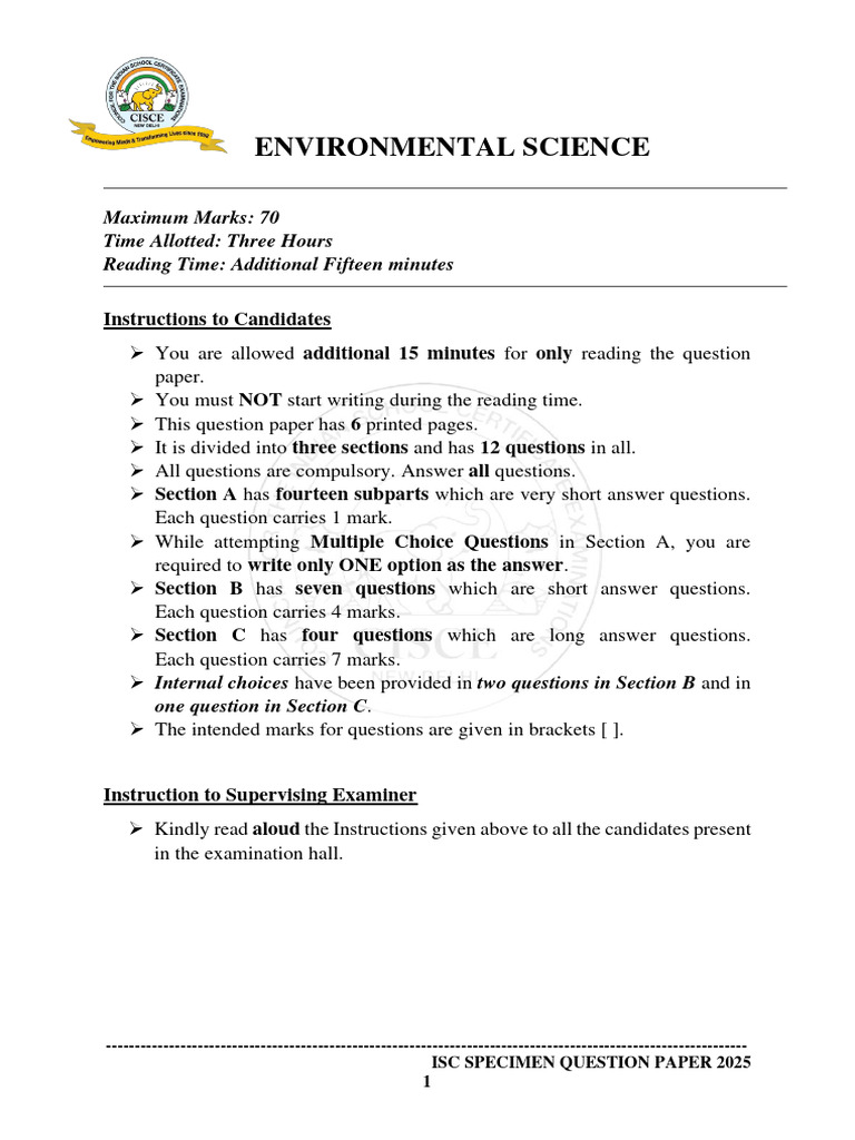 ISC Environmental Science Question Paper 2025 | PDF | Water Pollution ...