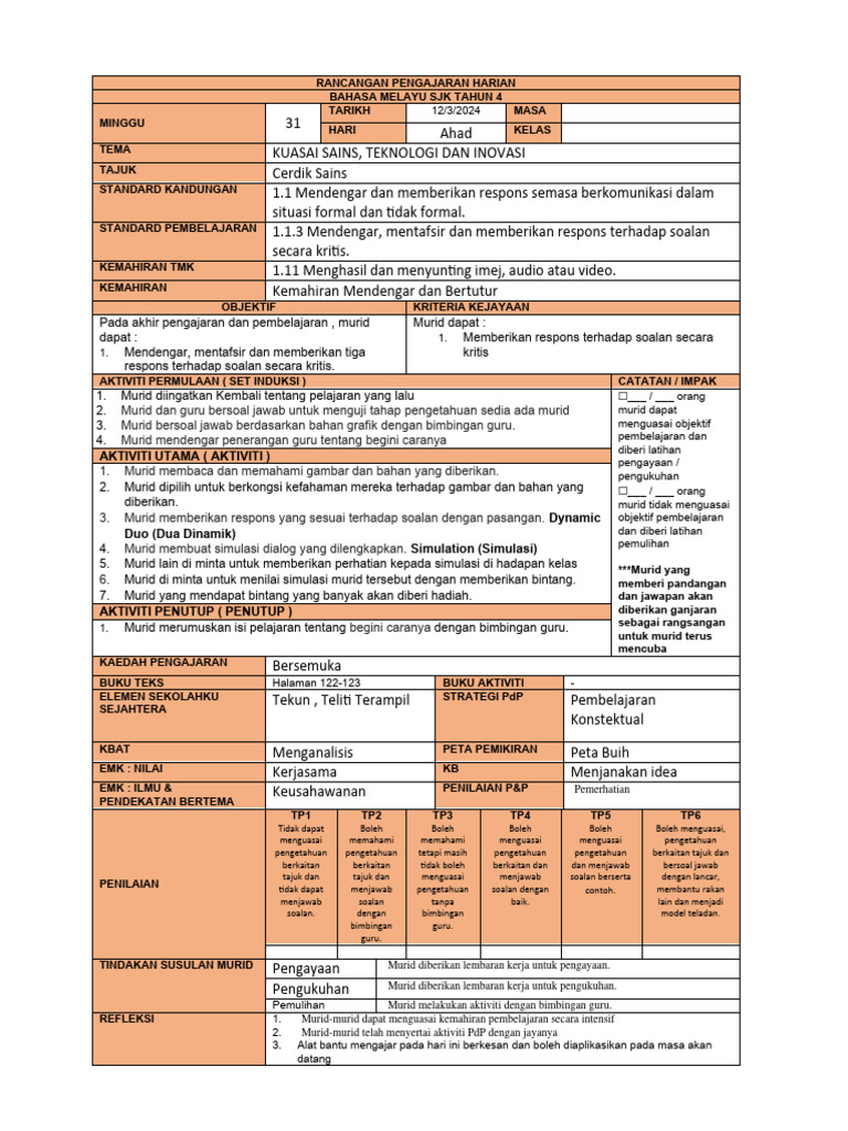 RPH Minggu 31 BM SJK THN 4 2024 by Cikgu Gorgeous | PDF