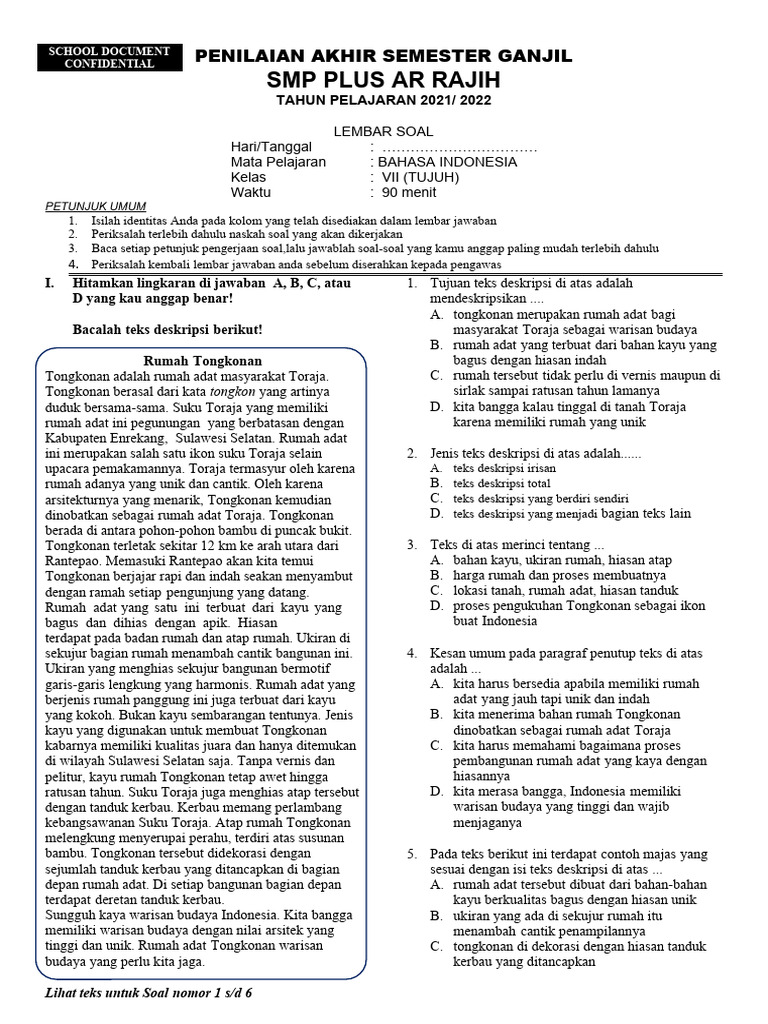Soal Pas Ganjil Bahasa Indonesia Kelas 7 - 2023-2024 | PDF | Seni & Disiplin Bahasa