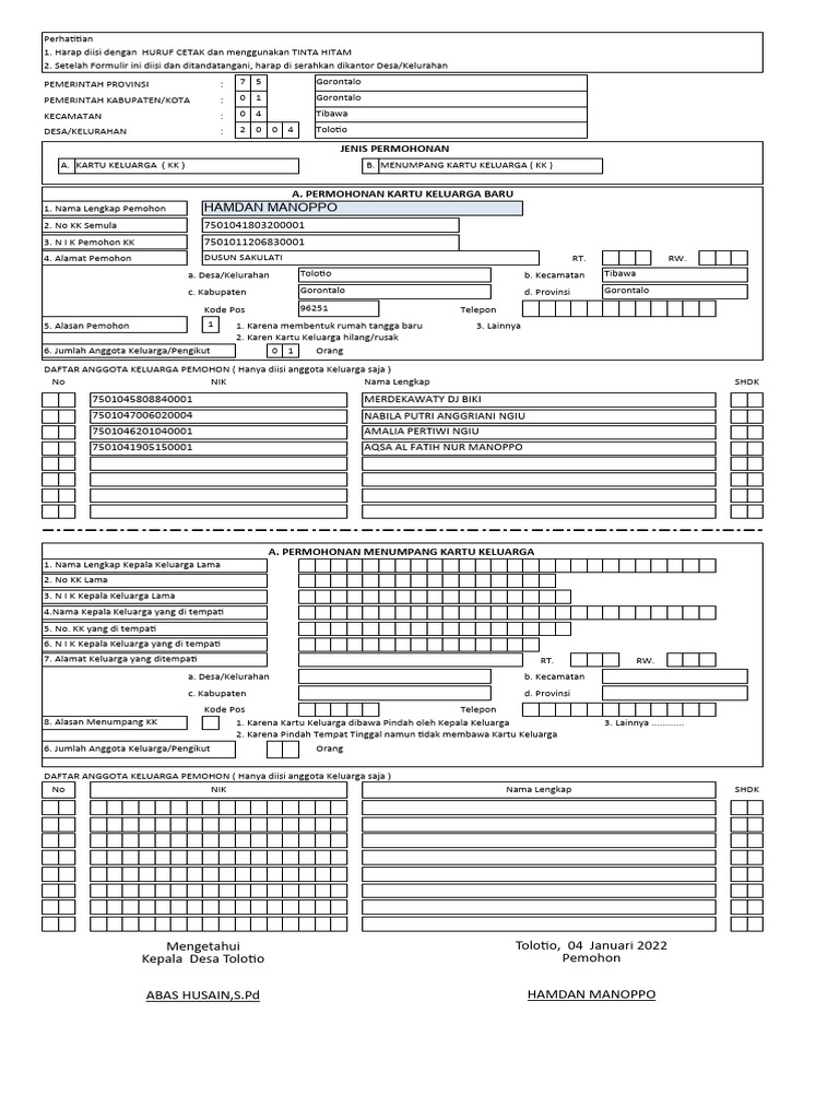 Formulir Permohonan Kartu Keluarga (KK) | PDF Formulir Permohonan Kartu Keluarga (KK) | PDF