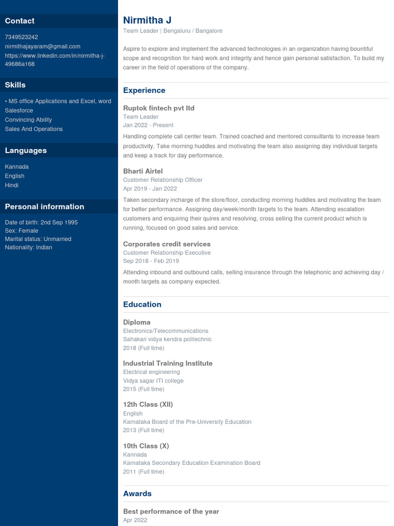 Nirmitha J Resume | PDF | Sales