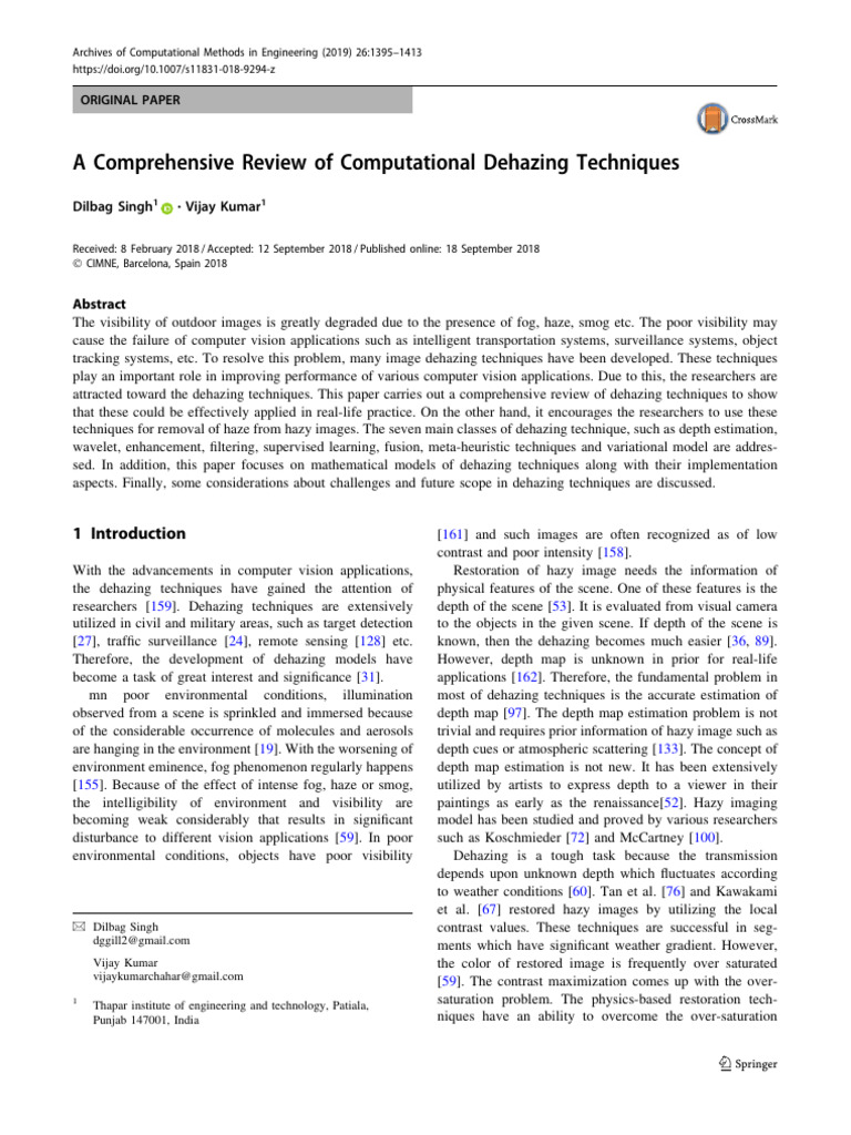 A Comprehensive Review of Computational Dehazing Techniques | PDF ...