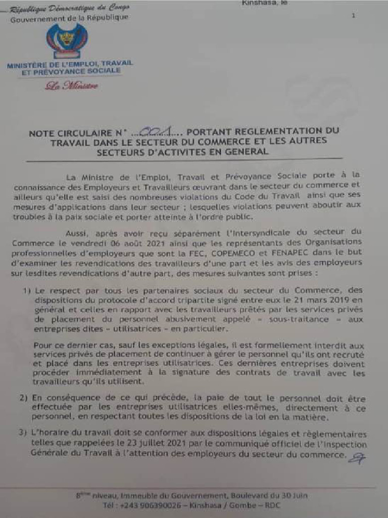 Note Circulaire N° 001 Reglementation Du Travail Dans Le Secteur De