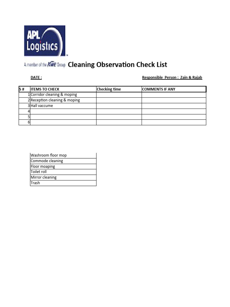 Cleaning Checking List | PDF