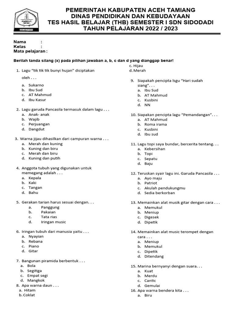 Soal THB Pjok Kelas 1 | PDF