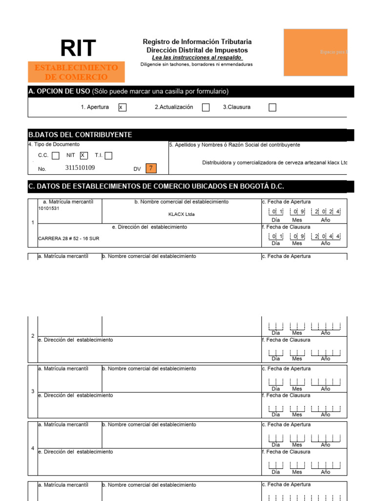 Formato Rit Establecimientos | PDF