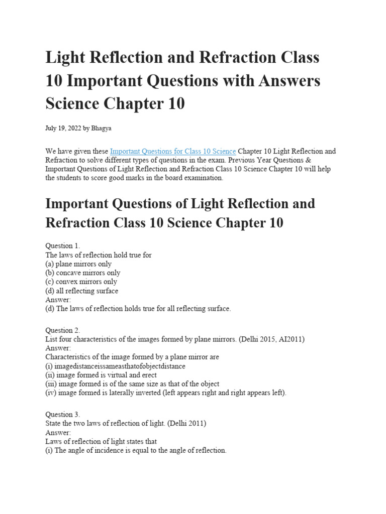 Light Reflection and Refraction Class 10 Important Questions With Answers Science Chapter 10 ...