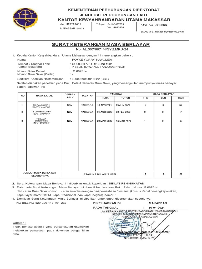 Surat Keterangan Masa Berlayar Royke | PDF