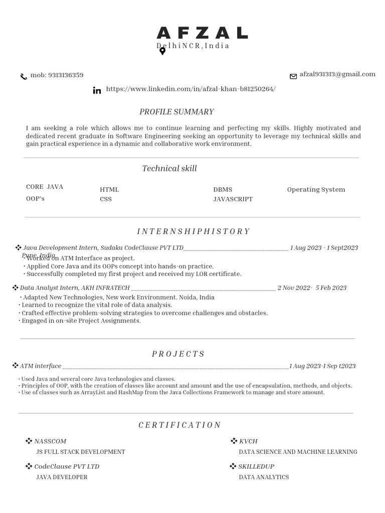 Afzal - Resume - PDF New | PDF | Java (Programming Language) | Object Oriented Programming