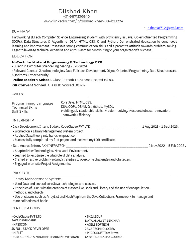Dilshads Resume Pdf Object Oriented Programming Java 0785