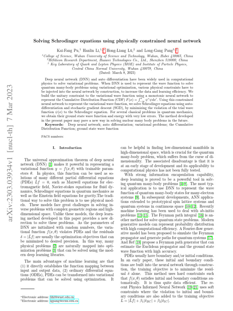 Solving Schrodinger Equations Using Physically Constrained Neural Network | PDF | Schrödinger ...