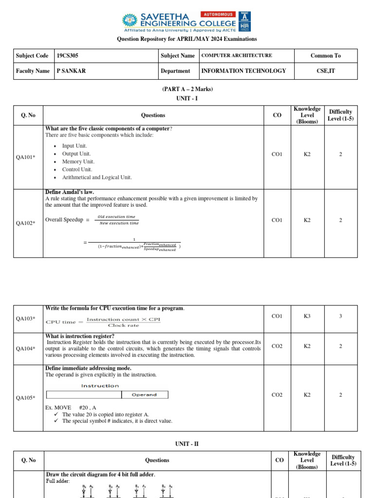 CA QR Ans Key 23 24 Even Sem | PDF | Computer Data Storage | Central Processing Unit