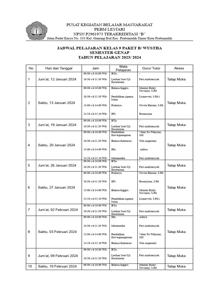 Jadwal Kelas 9 Paket B PKBM Lestari Genap 20232024 | PDF