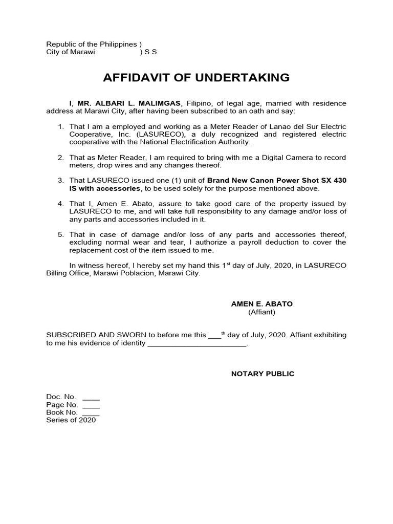 Affidavit of Undertaking | PDF | Affidavit | Notary Public