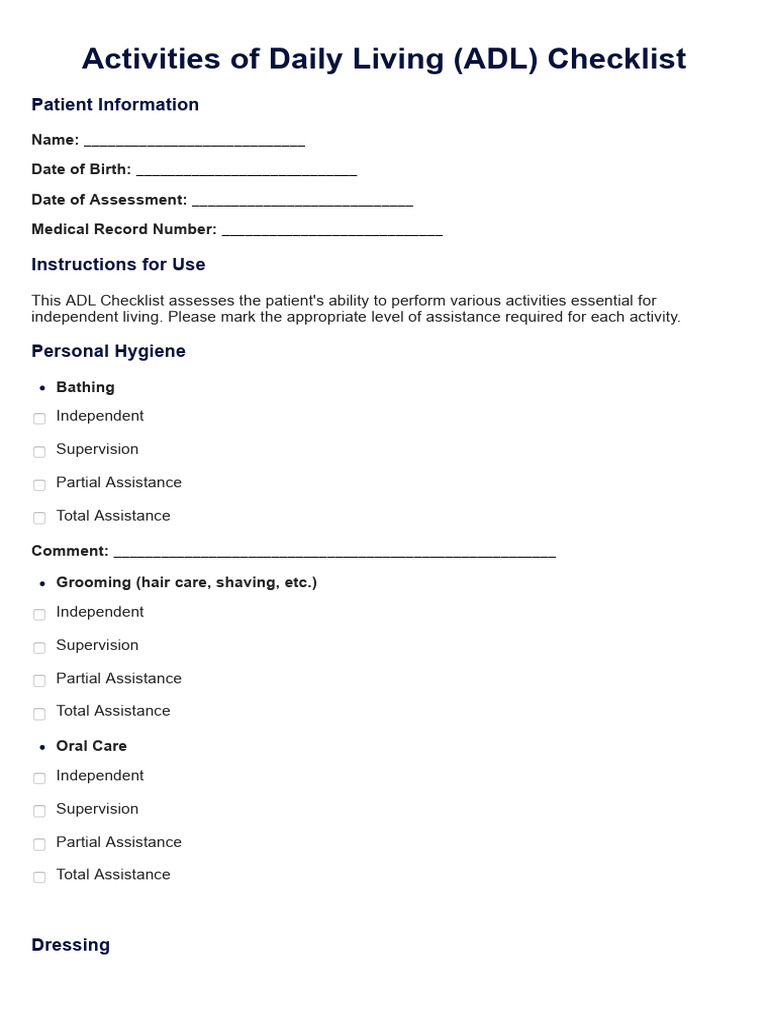 ADL Checklist for Independent Living | PDF | Health Sciences | Medical ...