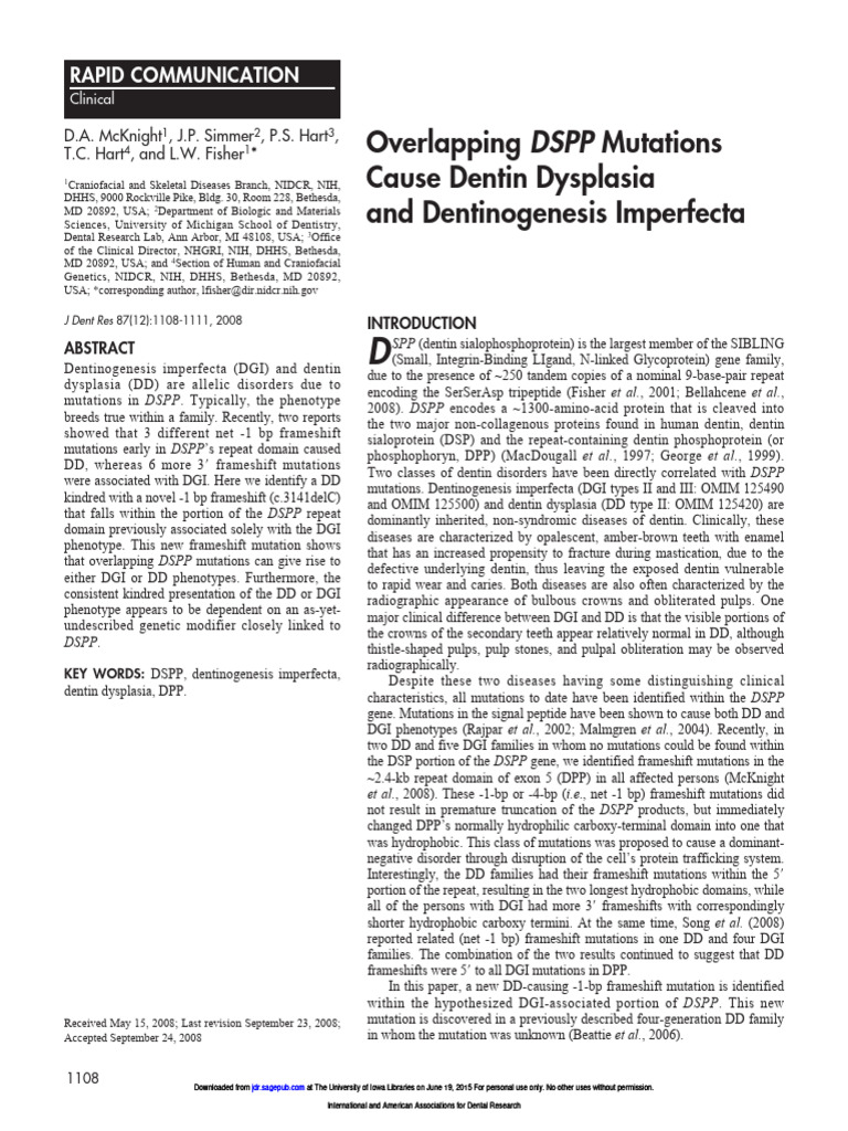Overlapping DSPP Mutations Cause Dentin Dysplasia and Dentinogenesis Imperfecta | Download Free ...