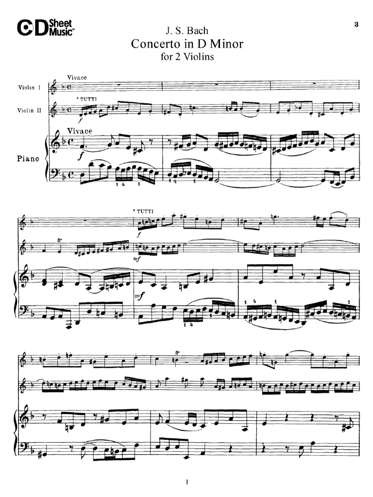 Bach Score Double Violin Concerto in D Minor Violin Solo and Piano | PDF