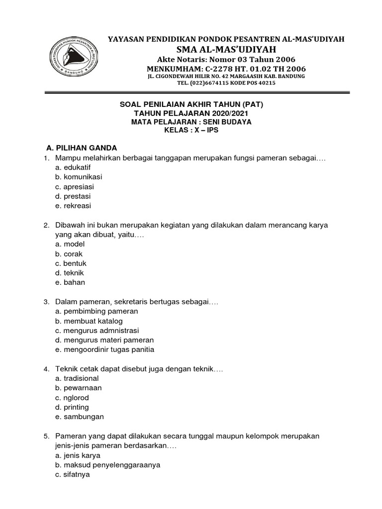 Pat Seni Budaya Kelas X | PDF