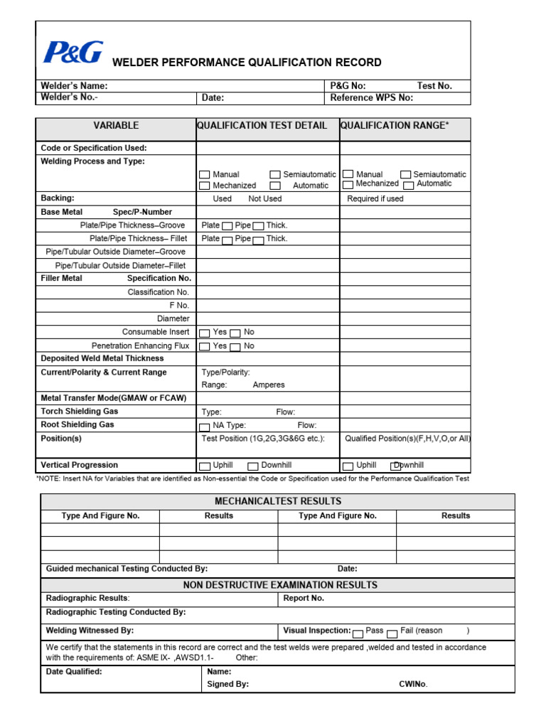 Welder Performance Qualification Record | PDF | Welding | Construction