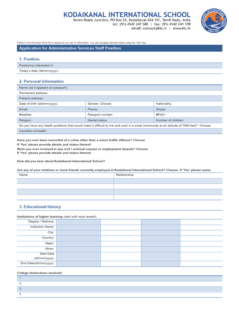 KIS Administrative Position Application Form | Download Free PDF ...