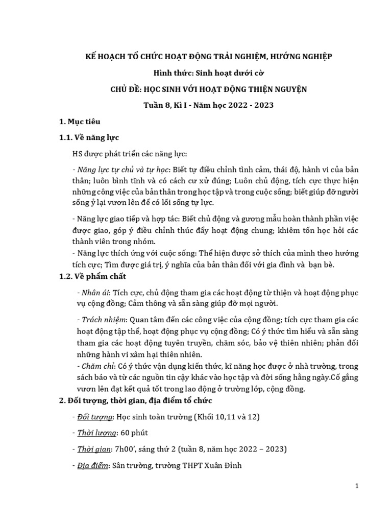 Kế Hoạch HĐTN Hinh Thuc SHDC 2023 Chuan | PDF