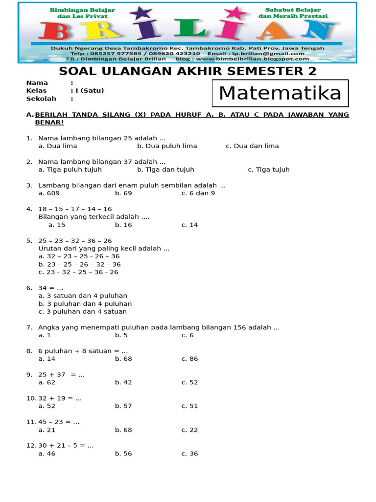 Soal UAS Matematika Kelas 1 SD Semester 2 Dan Kunci Jawaban WWW Bimbelbrilian Com PDF | PDF ...
