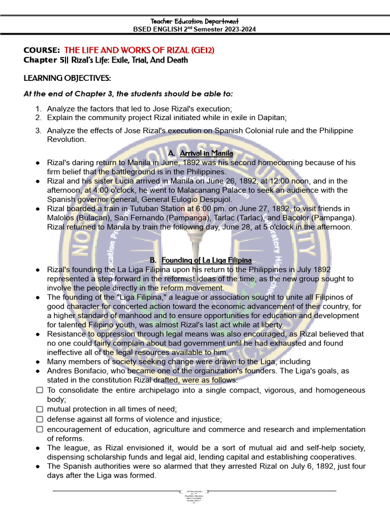 Chapter 5 - Rizal's Life - Exile, Trial, and Death | PDF | History