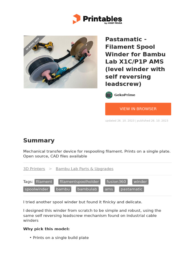 Pastamatic Filament Spool Winder For Bambu Lab x1cp1p Ams Level Winder ...