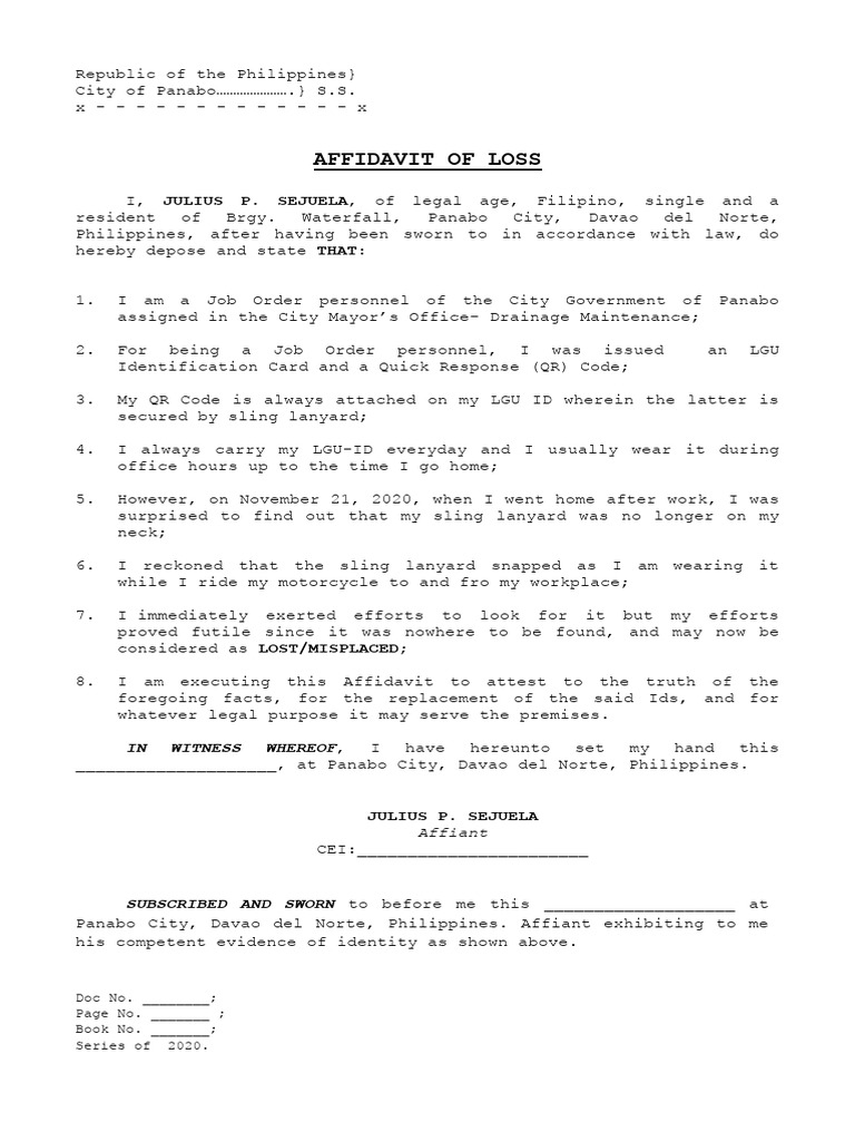Affidavit of Loss for LGU ID in Panabo | PDF | Law