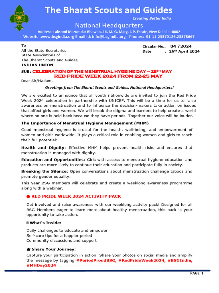 Circular No. 84 - Celebration of The Menstrual Hygeine Day - 28th May | PDF