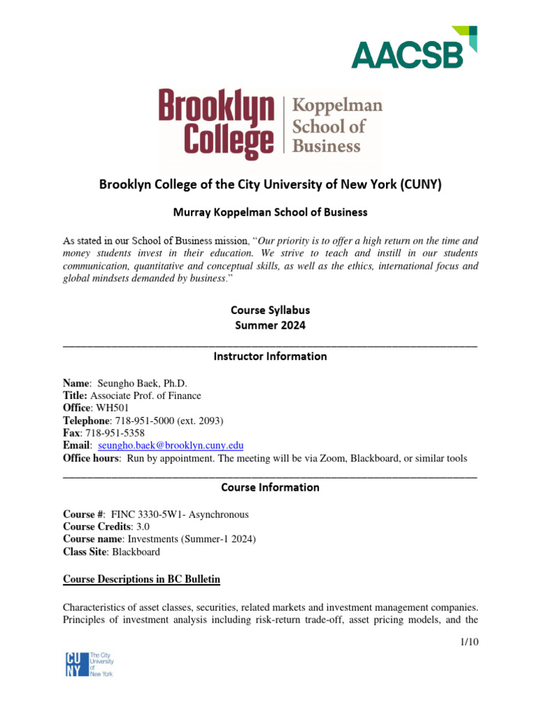 FINC3330 Syllabus SummerI2024 V1 SeunghoBaek | PDF | Investment ...