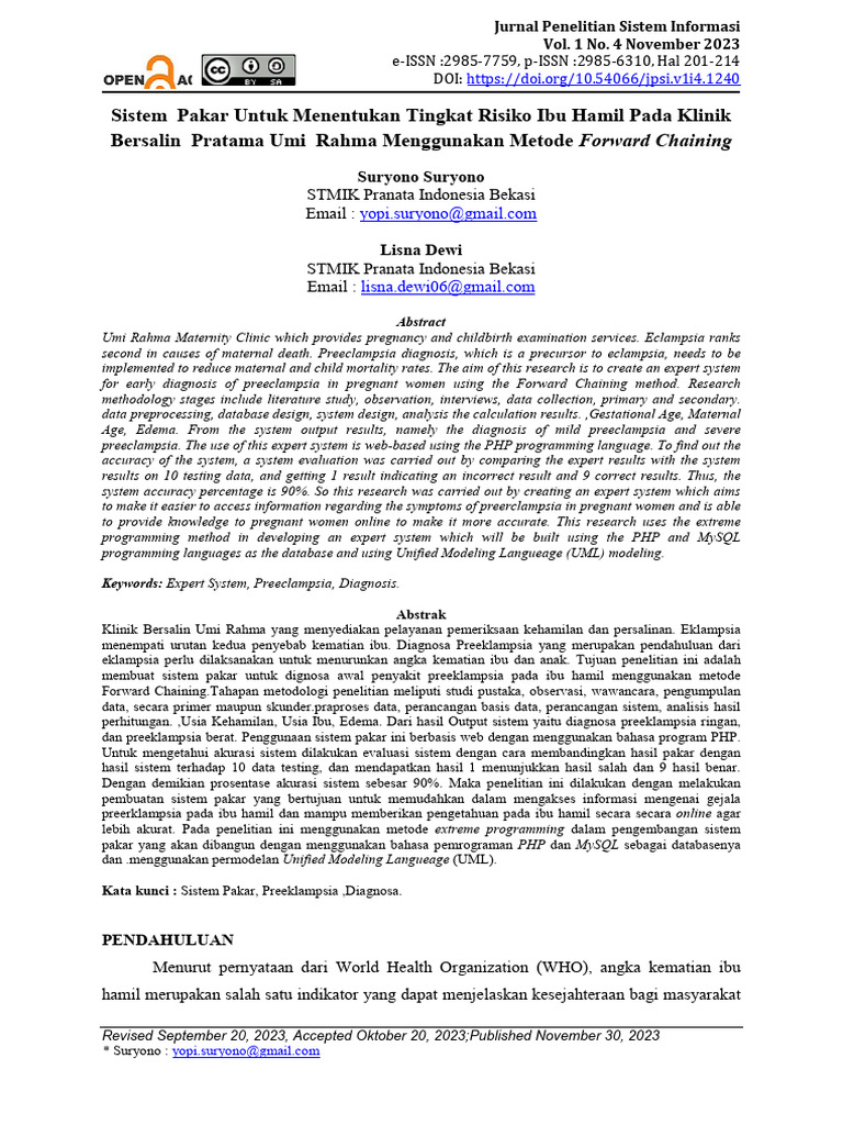 201-214 Istem Pakar Untuk Menentukan Tingkat Risiko Ibu Hamil Pada Klinik Bersalin Pratama Umi ...