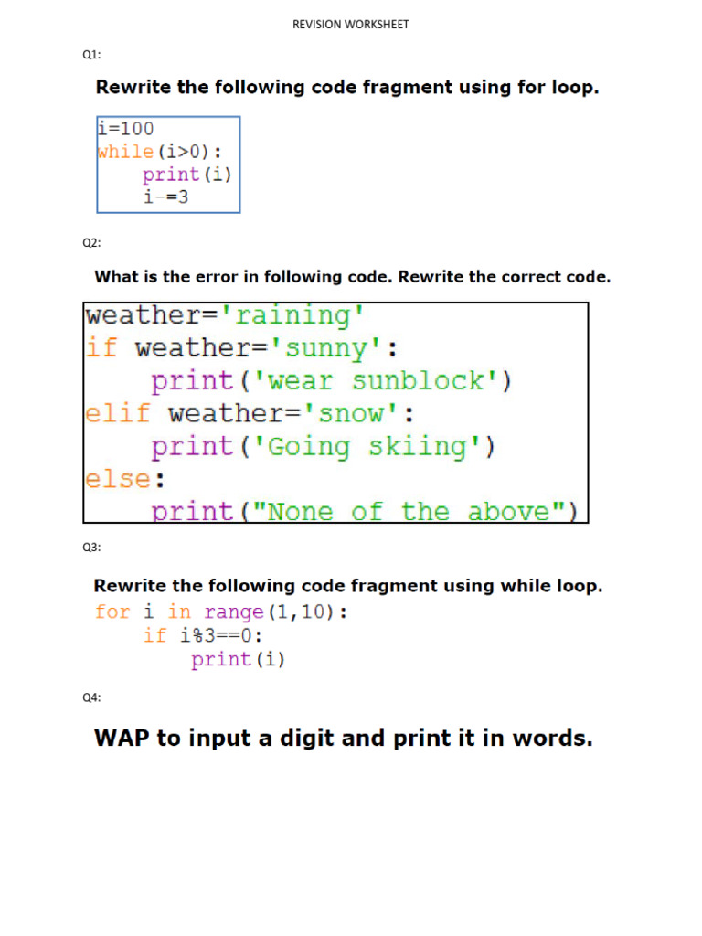 Python Code Revision Worksheet | PDF | Computer Engineering | Software ...