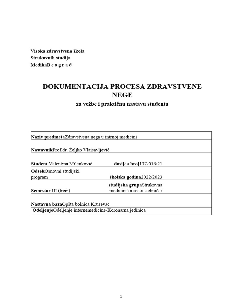 Viša Medicinska Škola Beograd Proces Interna Medicina | PDF