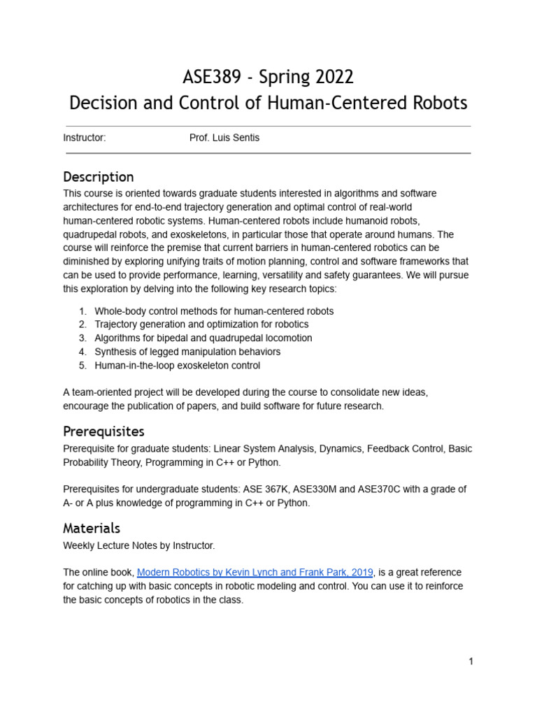 2022-Syllabus-ASE-389-HUMAN CENTERED ROBOTICS Public | PDF | Robotics | Control Theory