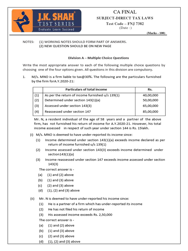FNJ 7382 Direct Tax Question Paper | PDF | Debits And Credits | Taxes